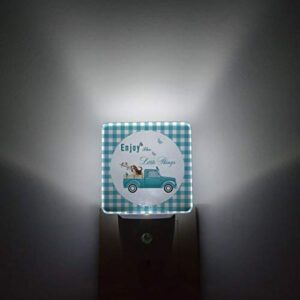 Night Lights Auto Sensor Truck With Dog Plug-in LED Nightlights Dusk to Dawn for Living Room, Bedroom, Bathroom, Kitchen, Hallway, Stairways, Butterfly Flower Teal Green Buffalo Check Plaid