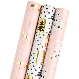 ldgooael mini short small christmas wrapping paper roll with cut lines on reverse (17" x 120" per roll) - pink gift wrap with christmas deer&tree design for holiday, birthday, wedding, baby shower