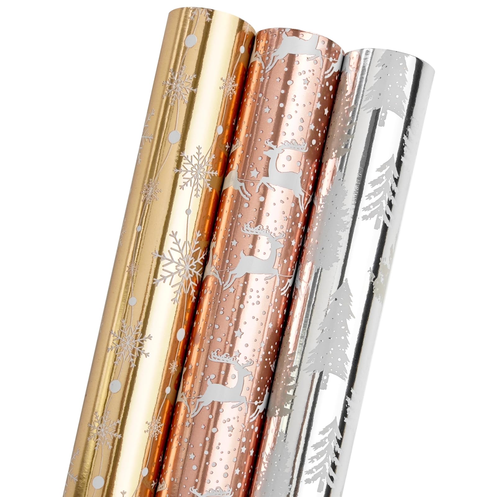 LDGOOAEL Mini Short Small Christmas Wrapping Paper Roll with Cut Lines on Reverse (17" X 120" Per Roll) - Gold Sliver Rose Gold with Deer&Snowflake&Tree Design for Holiday, Birthday