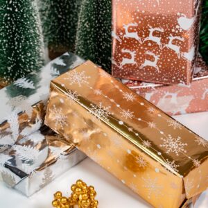 LDGOOAEL Mini Short Small Christmas Wrapping Paper Roll with Cut Lines on Reverse (17" X 120" Per Roll) - Gold Sliver Rose Gold with Deer&Snowflake&Tree Design for Holiday, Birthday