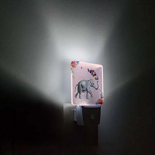 Night Lights Auto Sensor Elephant And Floral Plug-in LED Nightlights Dusk to Dawn for Living Room, Bedroom, Bathroom, Kitchen, Hallway, Stairways, Watercolor Flower Butterfly Pink Blooms