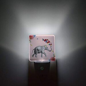 Night Lights Auto Sensor Elephant And Floral Plug-in LED Nightlights Dusk to Dawn for Living Room, Bedroom, Bathroom, Kitchen, Hallway, Stairways, Watercolor Flower Butterfly Pink Blooms