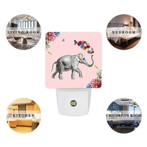 Night Lights Auto Sensor Elephant And Floral Plug-in LED Nightlights Dusk to Dawn for Living Room, Bedroom, Bathroom, Kitchen, Hallway, Stairways, Watercolor Flower Butterfly Pink Blooms