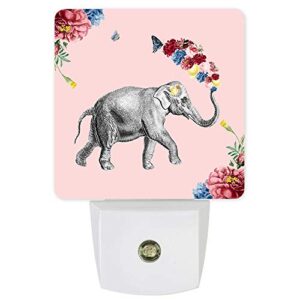 night lights auto sensor elephant and floral plug-in led nightlights dusk to dawn for living room, bedroom, bathroom, kitchen, hallway, stairways, watercolor flower butterfly pink blooms