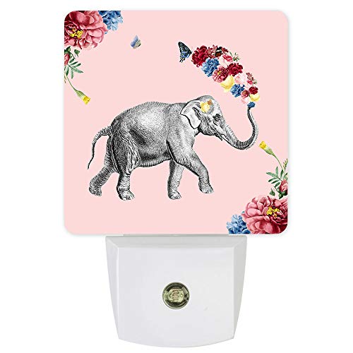 Night Lights Auto Sensor Elephant And Floral Plug-in LED Nightlights Dusk to Dawn for Living Room, Bedroom, Bathroom, Kitchen, Hallway, Stairways, Watercolor Flower Butterfly Pink Blooms