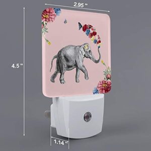 Night Lights Auto Sensor Elephant And Floral Plug-in LED Nightlights Dusk to Dawn for Living Room, Bedroom, Bathroom, Kitchen, Hallway, Stairways, Watercolor Flower Butterfly Pink Blooms