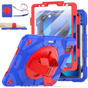 seymac case for ipad air 5th/ 4th generation, shockproof case with screen protector, 360 rotating stand/hand strap, shoulder strap for ipad air 4/5 (ipad air 10.9), red+blue