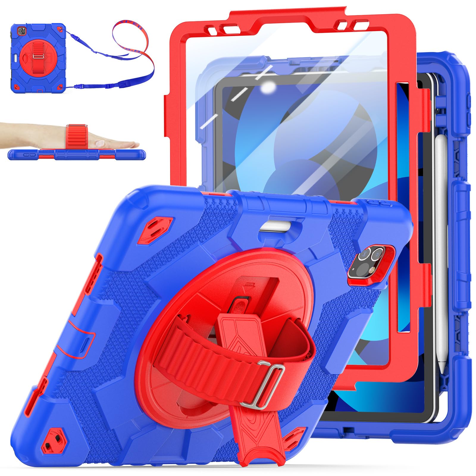 SEYMAC Case for iPad Air 5th/ 4th Generation, Shockproof Case with Screen Protector, 360 Rotating Stand/Hand Strap, Shoulder Strap for iPad Air 4/5 (iPad Air 10.9), Red+Blue