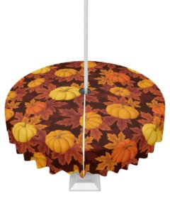 thanksgiving outdoor tablecloths with umbrella hole and zipper, fall pumpkin maple leaves orange yellow brown waterproof/stain resistant round table cloth 54'' patio table cover for picnic/party