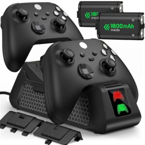 charger station for xbox one controller rechargeable battery packs for xbox, 2x4320mwh(=2x1800mah) rechargeable batteries for xbox series x/s&one/s/x/elite controller charging dock-4 battery covers