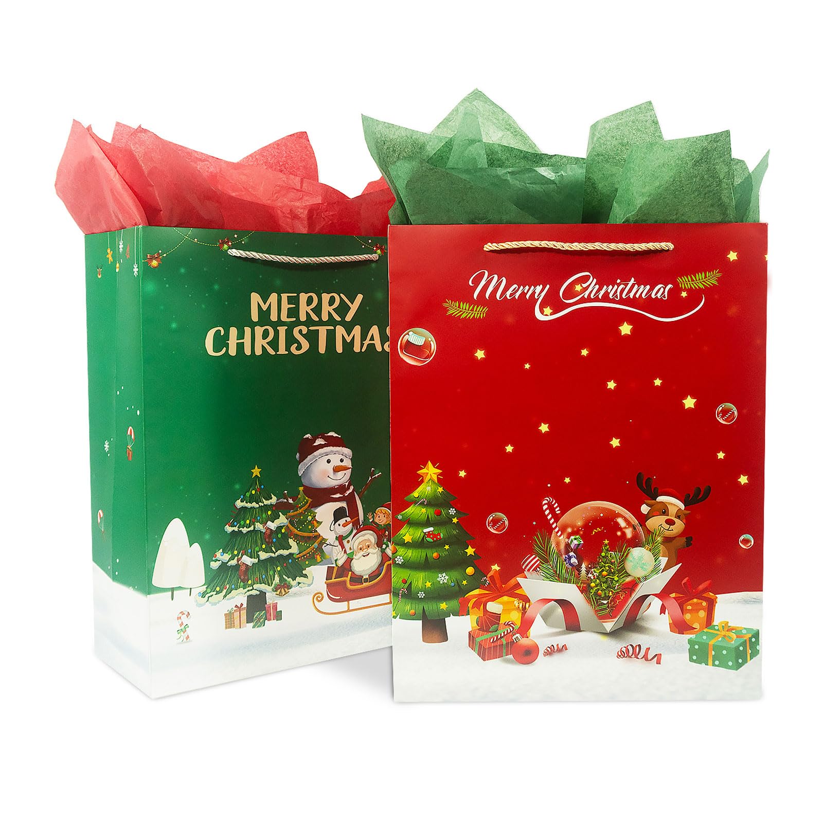 2 Pack 16" Extra Large Christmas Gift Bags, Xmas Paper Bags Set With Handles and Tissue Paper, Reusable Holiday Bags Bulk for Present Wrap Decor