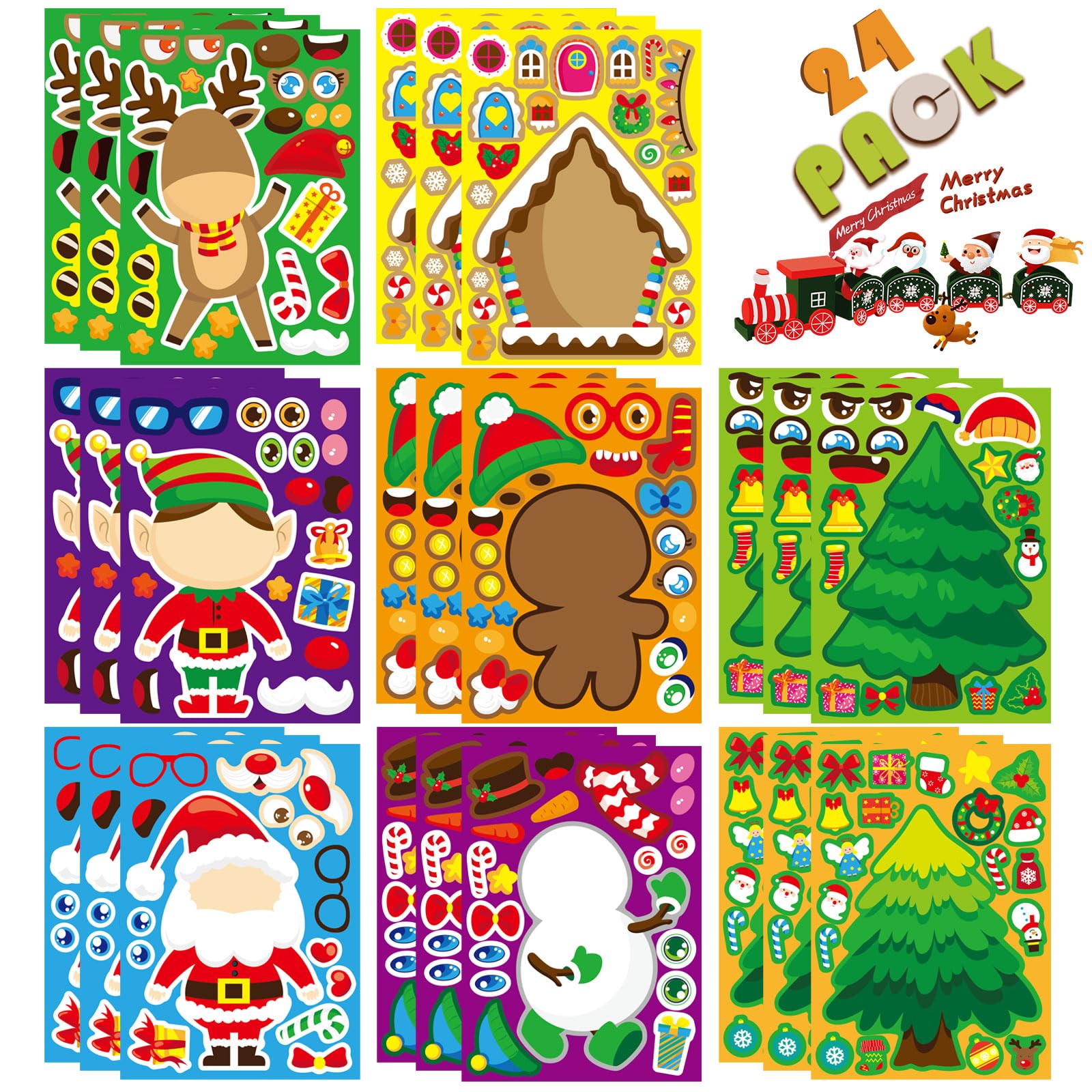 JASHIAGE Christmas Stickers for Kids - 24 Sheets DIY Santa Snowman Reindeer Holiday Decals, Party Game Stickers, Perfect for Crafting, Gift Decorating, School Activities