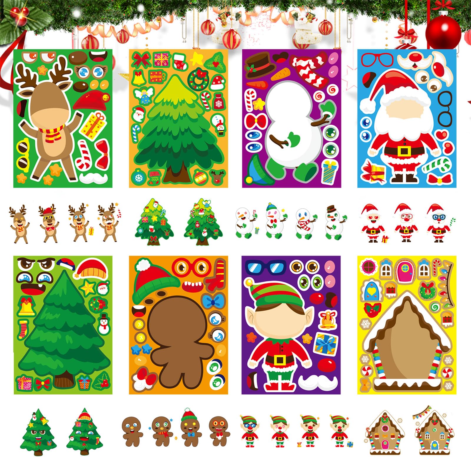 JASHIAGE Christmas Stickers for Kids - 24 Sheets DIY Santa Snowman Reindeer Holiday Decals, Party Game Stickers, Perfect for Crafting, Gift Decorating, School Activities