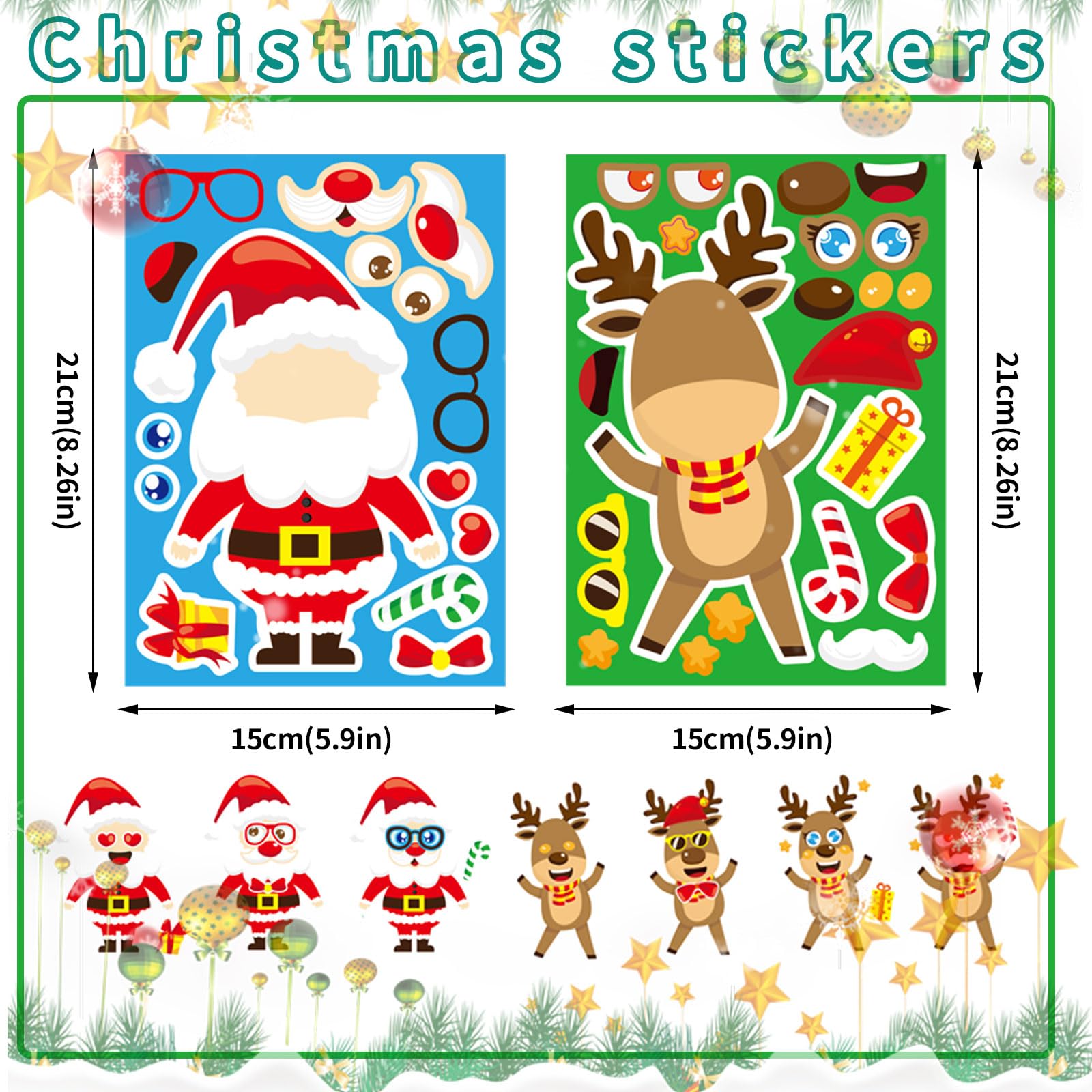 JASHIAGE Christmas Stickers for Kids - 24 Sheets DIY Santa Snowman Reindeer Holiday Decals, Party Game Stickers, Perfect for Crafting, Gift Decorating, School Activities