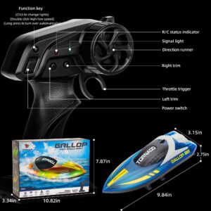 RANFLY RC Boat for Kids, 15+ MPH Fast Remote Control Boat with LED Lights, 2.4G RC Electric Boats Pool and Lakes Toys for Adults