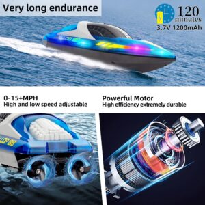 RANFLY RC Boat for Kids, 15+ MPH Fast Remote Control Boat with LED Lights, 2.4G RC Electric Boats Pool and Lakes Toys for Adults