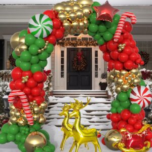 christmas balloon garland arch kit, christmas reindeer foil balloons kit with red green gold balloons candy foil balloons candy cane balloons red star balloons for xmas new year party decorations