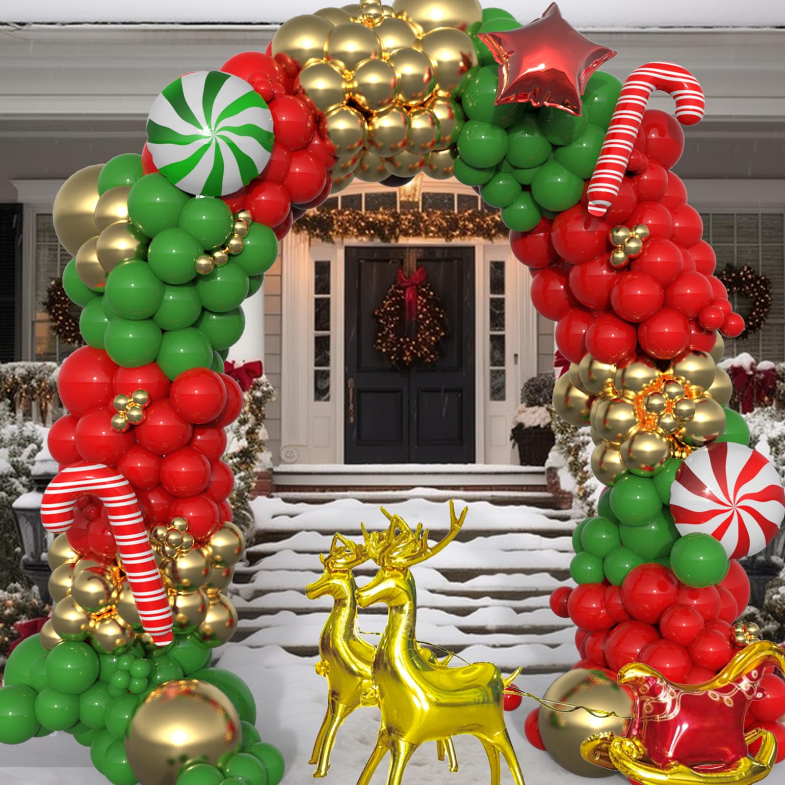 Christmas Balloon Garland Arch Kit, Christmas Reindeer Foil Balloons Kit with Red Green Gold Balloons Candy Foil Balloons Candy Cane Balloons Red Star Balloons for Xmas New Year Party Decorations