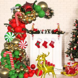 Christmas Balloon Garland Arch Kit, Christmas Reindeer Foil Balloons Kit with Red Green Gold Balloons Candy Foil Balloons Candy Cane Balloons Red Star Balloons for Xmas New Year Party Decorations