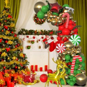 Christmas Balloon Garland Arch Kit, Christmas Reindeer Foil Balloons Kit with Red Green Gold Balloons Candy Foil Balloons Candy Cane Balloons Red Star Balloons for Xmas New Year Party Decorations