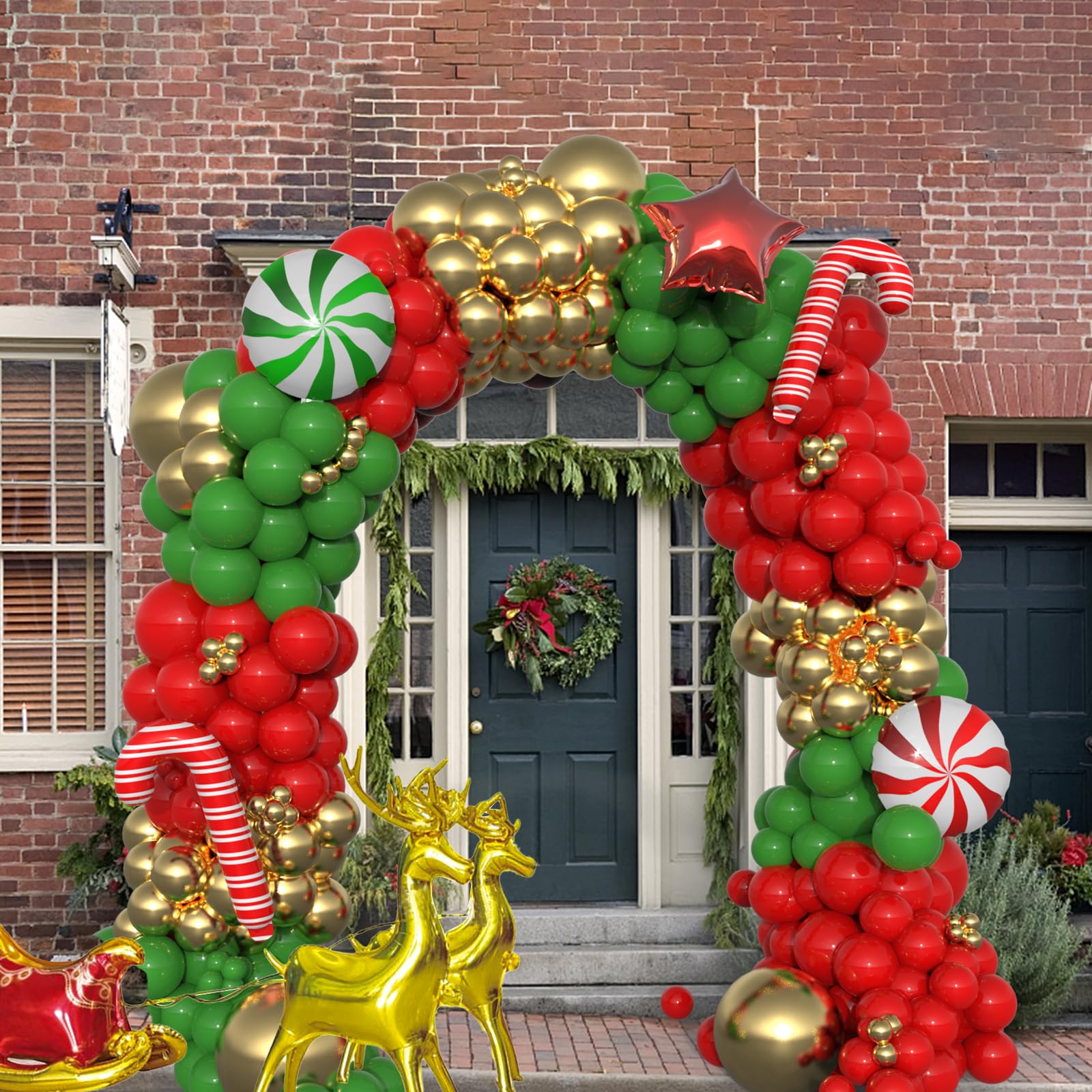 Christmas Balloon Garland Arch Kit, Christmas Reindeer Foil Balloons Kit with Red Green Gold Balloons Candy Foil Balloons Candy Cane Balloons Red Star Balloons for Xmas New Year Party Decorations