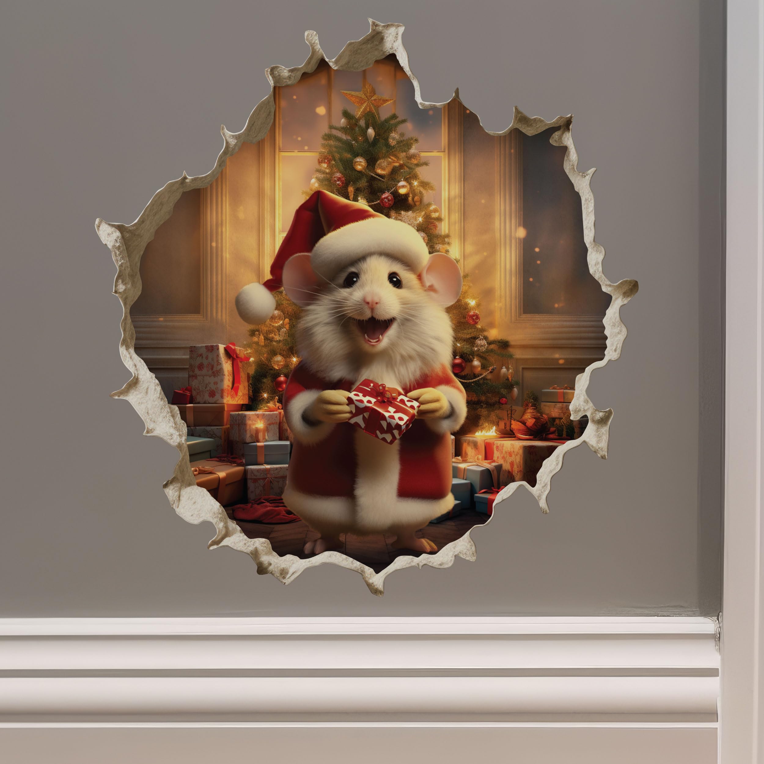 Santa Mouse in Mouse Hole Decal - Mouse Hole 3D Wall Sticker