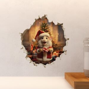 Santa Mouse in Mouse Hole Decal - Mouse Hole 3D Wall Sticker