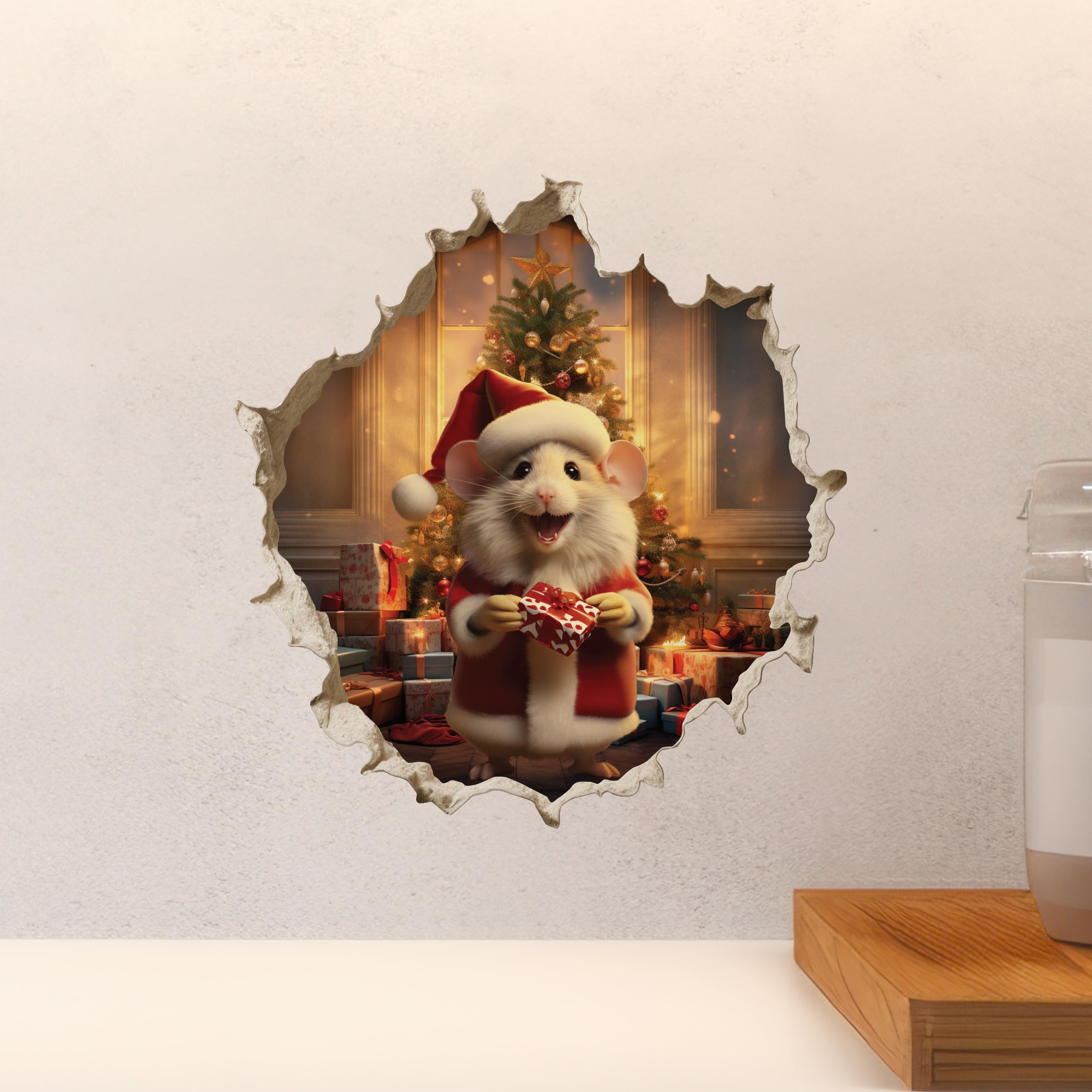 Santa Mouse in Mouse Hole Decal - Mouse Hole 3D Wall Sticker