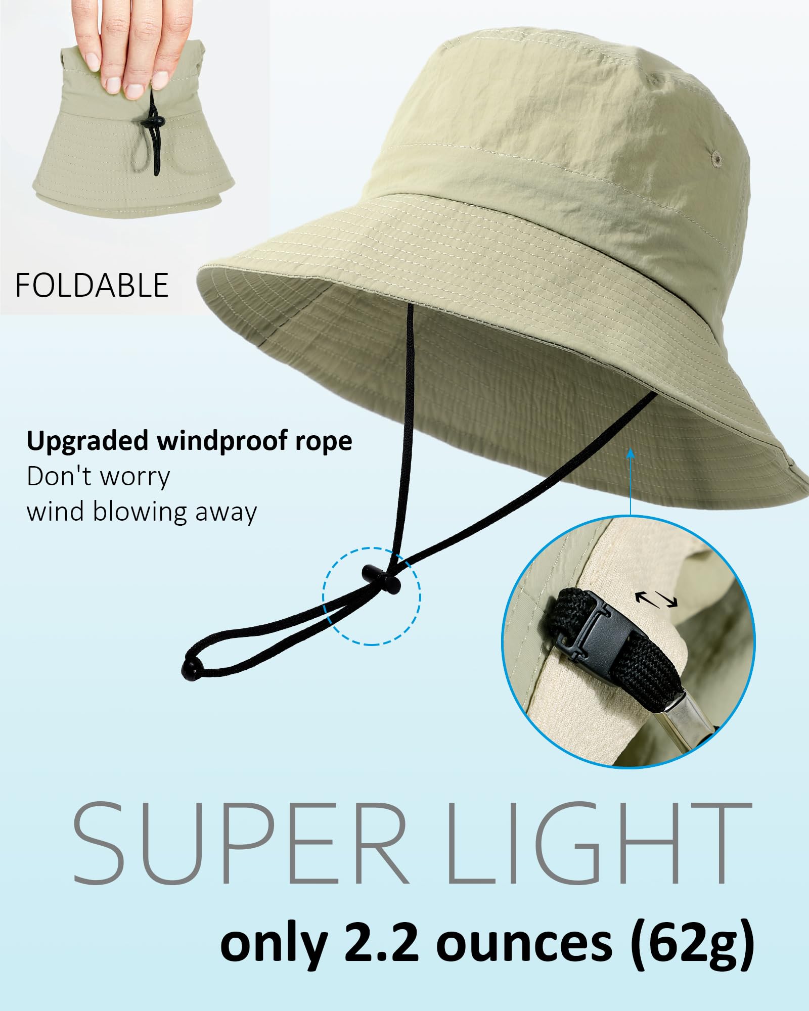 Waterproof Bucket Hat for Women Men Rain Hat UPF 50+ Wide Brim Boonie Sun Hat Foldable Summer Floppy Beach Fishing Safari Hat Light Green