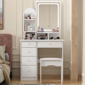 fufu&gaga vanity set with rectangular mirror, makeup vanity dressing table with 5 drawers, shelves, dresser desk and cushioned stool set (b white/lighted mirror)