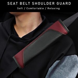 Ziciner 2 PCS Car Seat Belt Cover, Soft Carbon Fiber Leather Safety Belt Shoulder Strap Pads, Breathable Harness Pad Helps Protect Your Neck & Shoulders Universal for Car, Truck, SUV (Black&Wine Red)