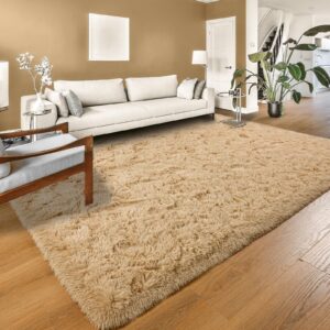 YJ.GWL Area Rugs 8x10 Feet for Living Room, Ultra Soft Fluffy Beige Bedroom Rug, Large Non-Slip Comfy Shag Carpet Nursery Playroom Rug, Indoor Modern Fuzzy Rug for Kids Girls Room Home Decor