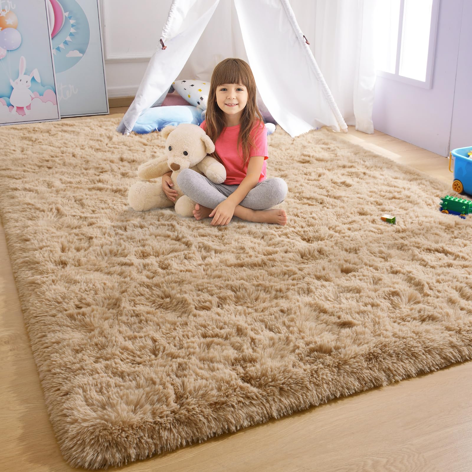 YJ.GWL Area Rugs 8x10 Feet for Living Room, Ultra Soft Fluffy Beige Bedroom Rug, Large Non-Slip Comfy Shag Carpet Nursery Playroom Rug, Indoor Modern Fuzzy Rug for Kids Girls Room Home Decor