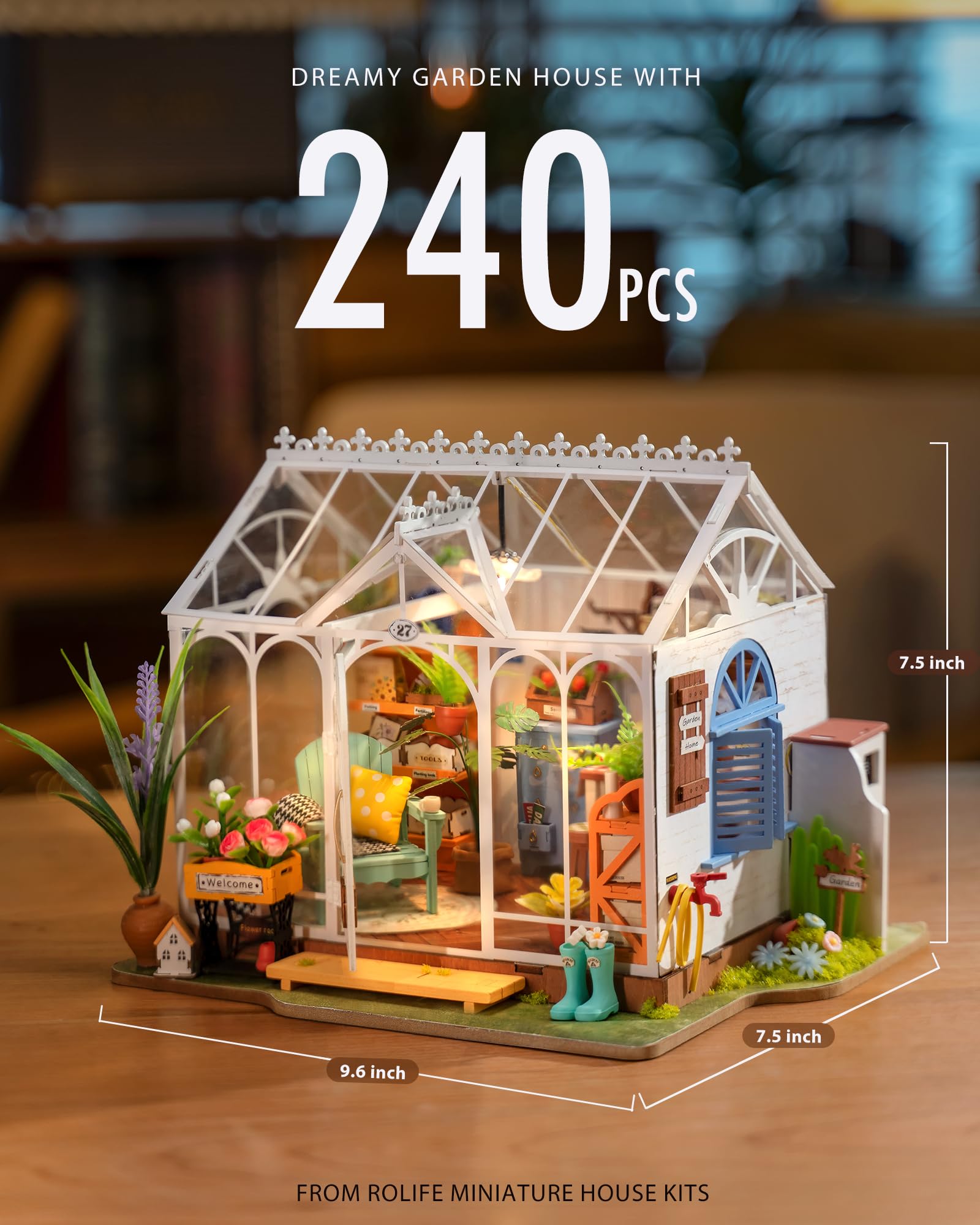 Rolife DIY Miniature Dollhouse Kit, Build 9.6" Greenhouse Diorama Kit Building Set with LED Room Hobby Craft for Aduls Uniue Gifts for Teens (Dreamy Garden)