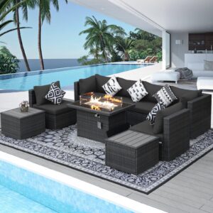 nicesoul® 9 pieces outdoor patio sectional furniture sofa set with fire pit table natural gas propane, 29.3'' high back modern large size pe wicker conversations with fireplaces for backyard