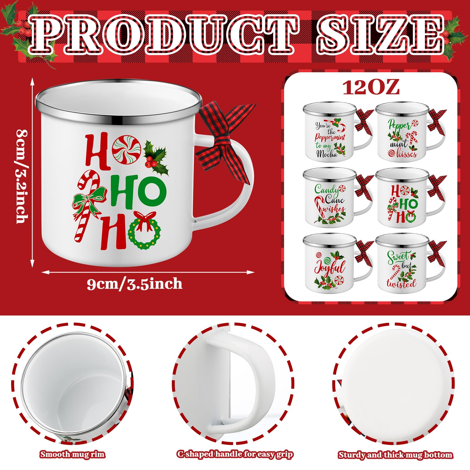 Shellwei 12 Pcs Christmas Enamel Mugs Christmas Holiday Coffee Mug Set Camping Coffee Mug Bulk 12 oz Metal Enamel Coffee Cups Travel Mugs Christmas Decoration Gift for Home Diner Birthday Wedding