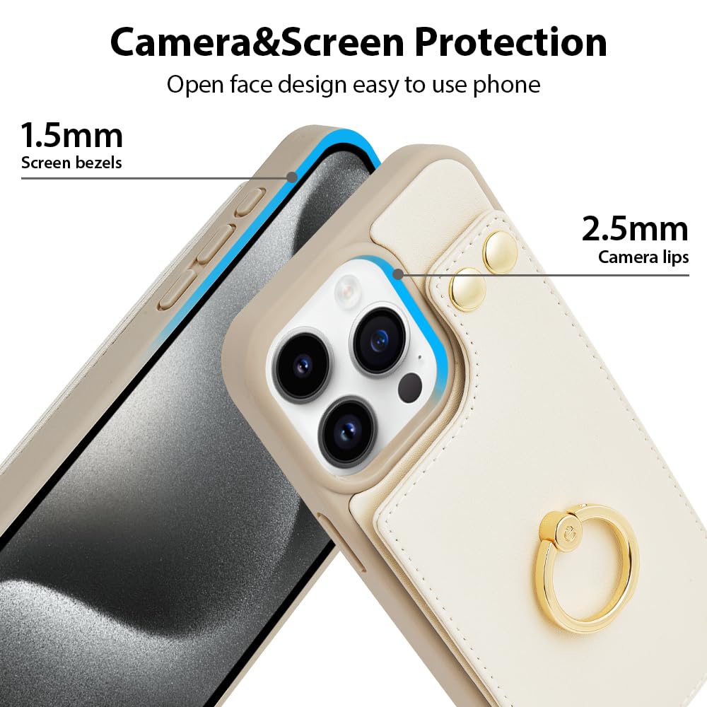 LAMEEKU for iPhone 15 Pro Max Wallet Case, Case with Card Holder, 360°Rotation Ring Kickstand, RFID Blocking Leather Protective Case for Women Men for Apple iPhone 15 Pro Max 6.7'' Beige (2023)