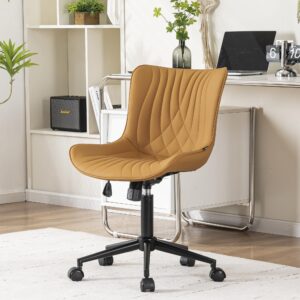 younike office chair, armless desk chair with wheels, home office computer task chairs, modern faux leather upholstered vanity chair, adjustable swivel rocking chair with back, saffron tan