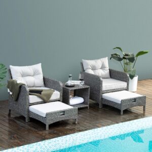 pamapic 5 pieces outdoor patio wicker chairs set with ottoman .outside conversation furniture set with cushions and coffee for balcony porch lawn garden table(grey cushion+light grey rattan)