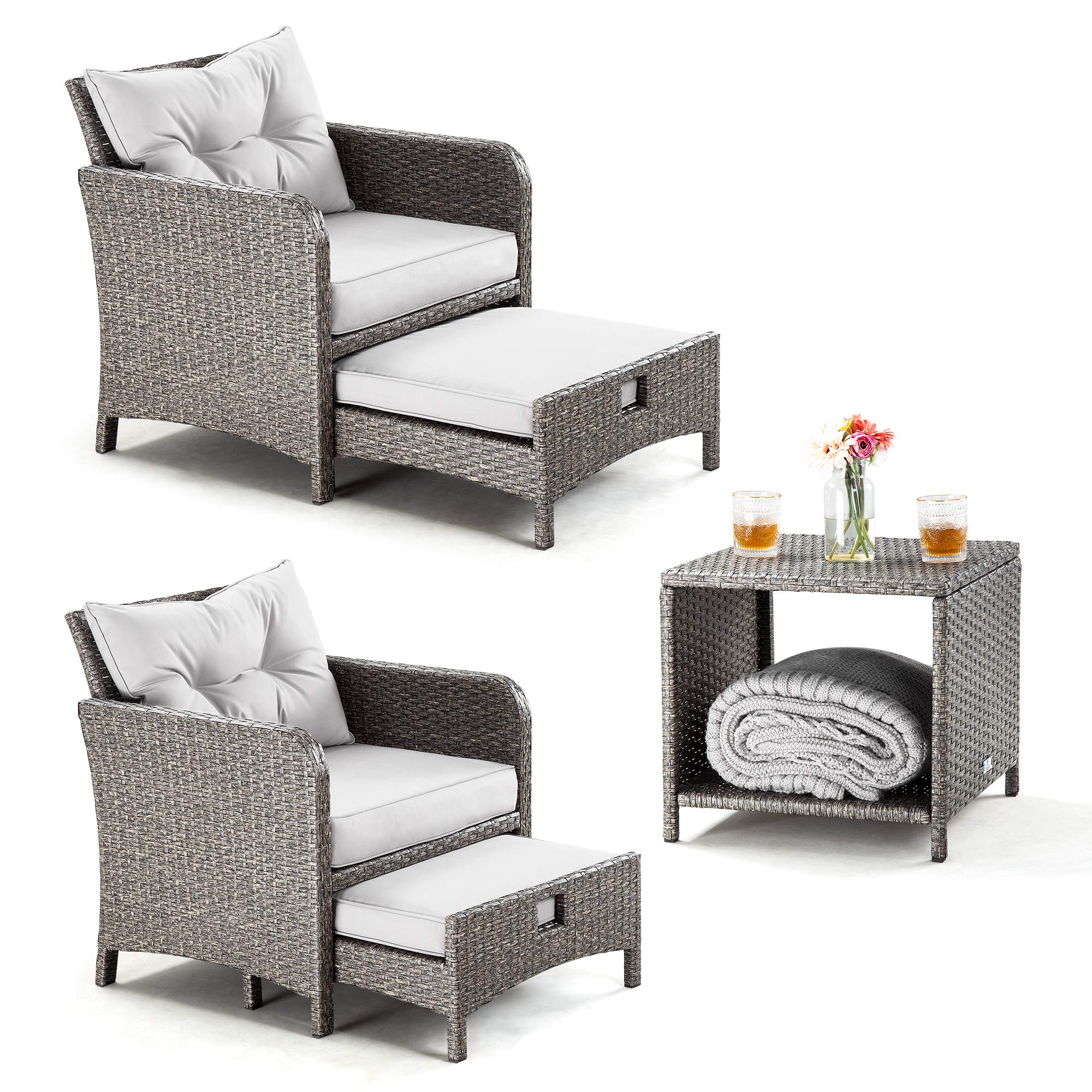 Pamapic 5 Pieces Outdoor Patio Wicker Chairs Set with Ottoman .Outside Conversation Furniture set with Cushions and Coffee for Balcony Porch Lawn Garden Table(Grey Cushion+Light Grey Rattan)