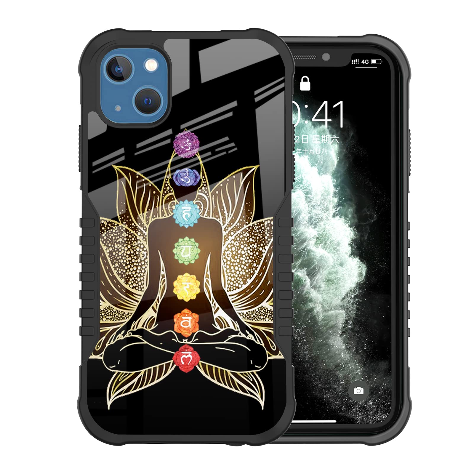 LANJINDENG Compatible with iPhone 15 Case Mandala Chakra Meditation Design for Women Girls, Full Body Rugged Shockproof Anti-Scratch Tough Hard PC Backplane TPU Bumper Drop Protection Case