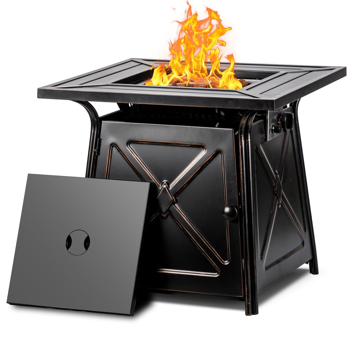 OutVue 28" Propane Fire Pit Table,Gas Fire Pits Table for Outside,50000 BTU Propane Fire Pit with Lid &Lava Rocks,Gas Firepit for Garden,Yard (Black)