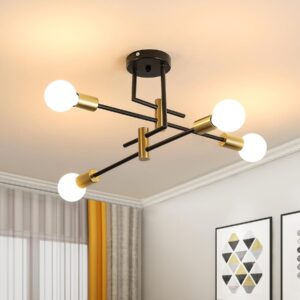 tealight sputnik ceiling light fixture, 4 light mid century modern black and gold lighting fixture semi flush mount ceiling lamp for bedroom, living room, kitchen, dining room, hallway