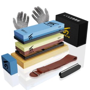 knife sharpening stone set, kerye professional japanese whetstone knife sharpener tool kit, 4 side grit 400/1000 3000/8000 wet stone, flattening stone, angle guide, leather strop, anti cut gloves