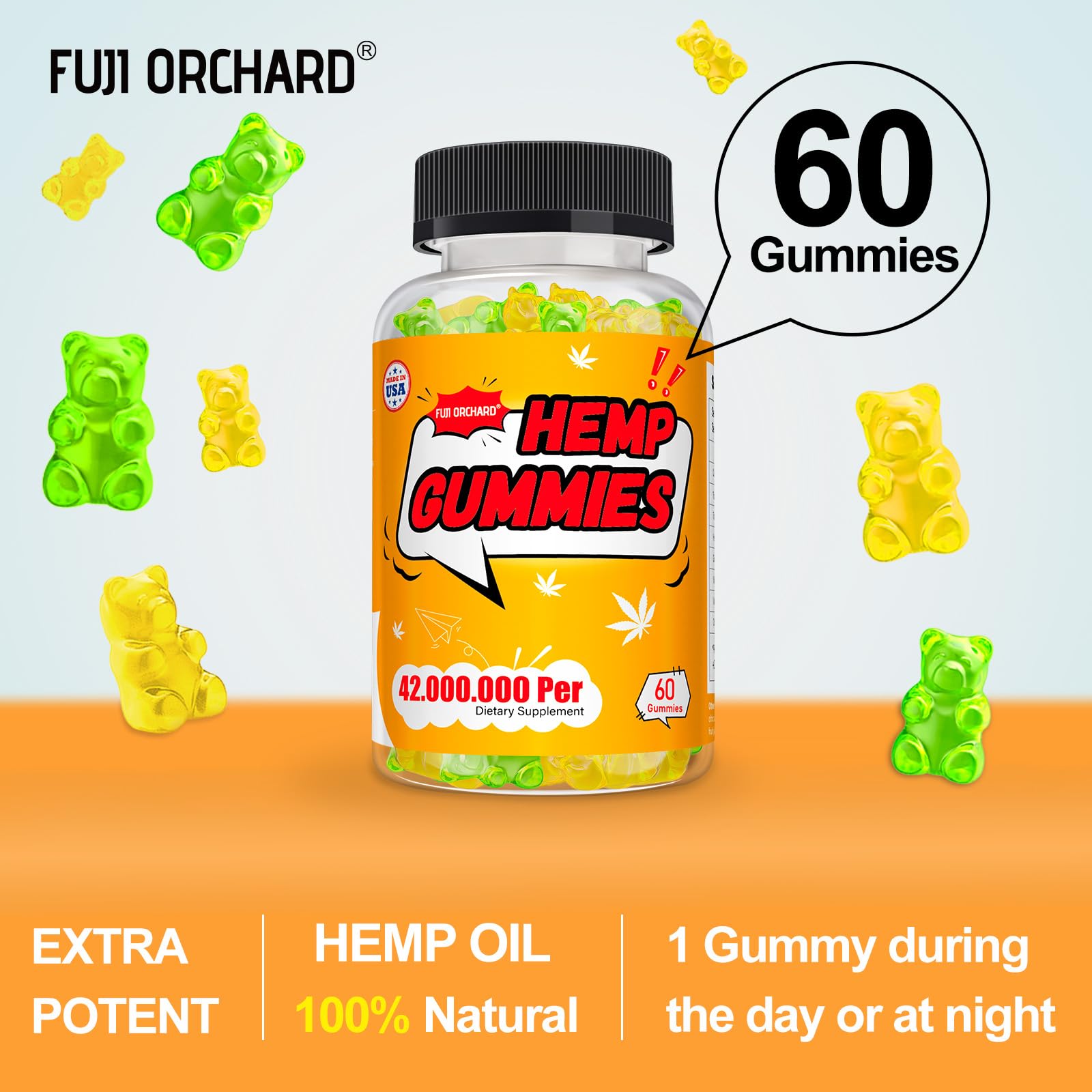 FUJI ORCHARD 42000mg Hemp Gummies High Potency - Hemp Gummies for Deep Bedtimes & Relaxation - Natural Hemp Oil Gummy for Adults - Made in USA - Gluten Free & Vegan - 60 Count