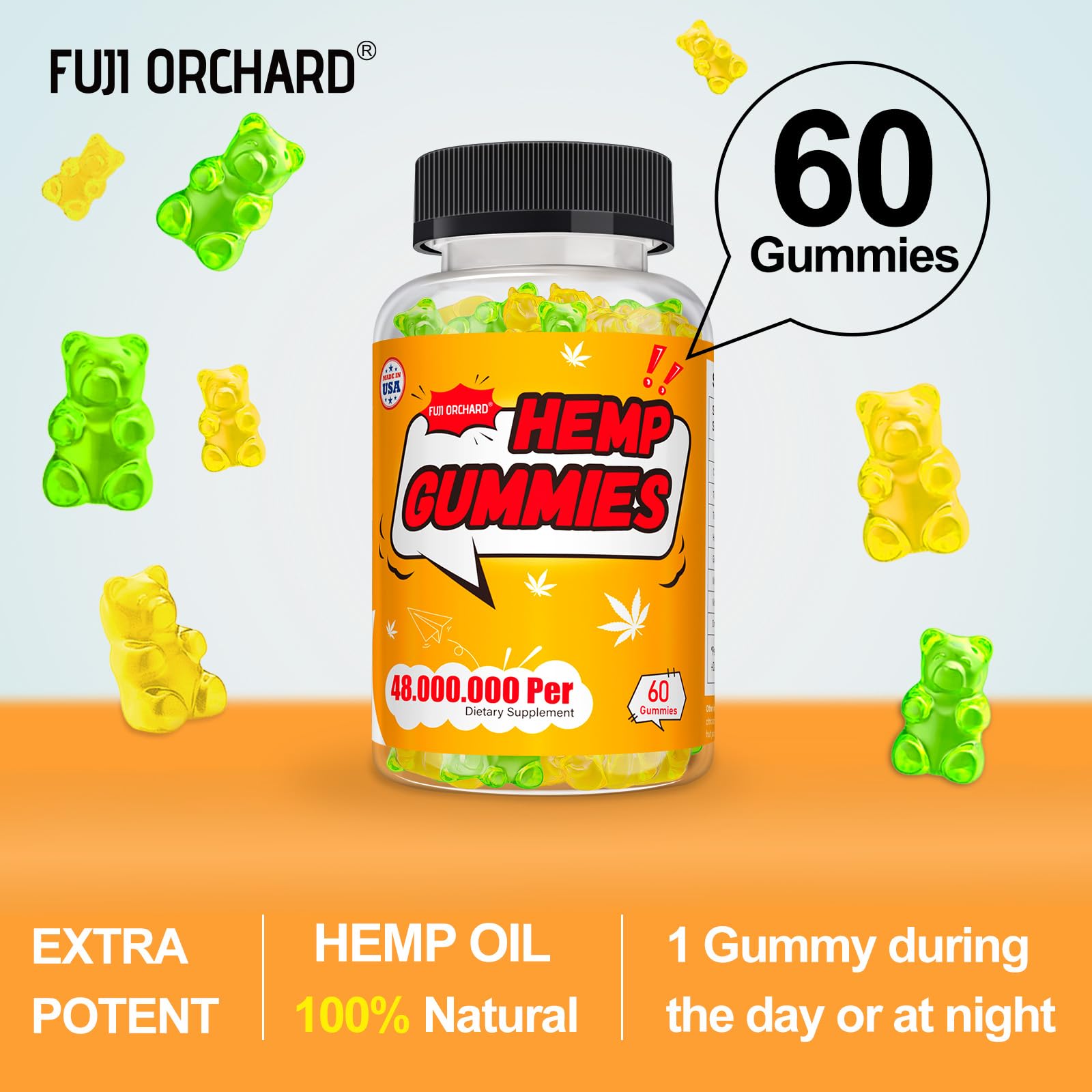 FUJI ORCHARD 48000mg Hemp Gummies High Potency - Hemp Gummies for Deep Bedtimes & Relaxation - Natural Hemp Oil Gummy for Adults - Made in USA - Gluten Free & Vegan - 60 Count