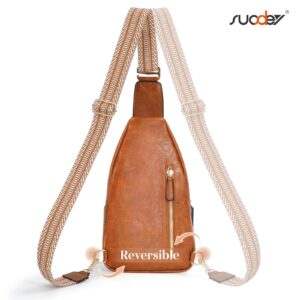 SUOSDEY Sling Bags for Women Crossbody Leather Sling Backpack Chest Bag Shoulder Bags with Adjustable Strap for Casual Traveling Hiking Cycling Brown