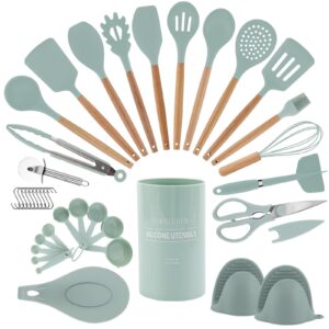 country kitchen cooking utensils set - 40 pcs non-stick silicone spatula set with holder, wooden handles and heat resistant gadgets utensil