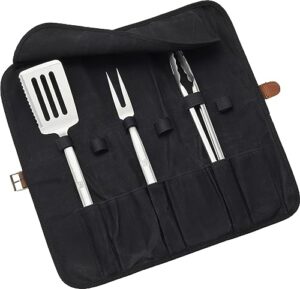 zwilling bbq+ 4-pc grill tool set, bbq accessories, grilling gift set, set includes grill spatula, grill tongs, grill fork and chef's tool wrap, stainless steel, dishwasher safe