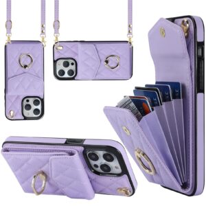 crossbody wallet case for iphone 15 pro max, 15 pro max leather case with card holder rfid blocking [wrist strap], women lanyard handbag purse cover ring kickstand purple case for iphone 15 pro max